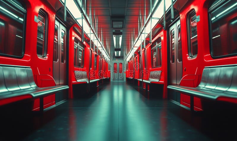 Vibrant Red Interior of an Empty Subway Train at Night with Bright ...