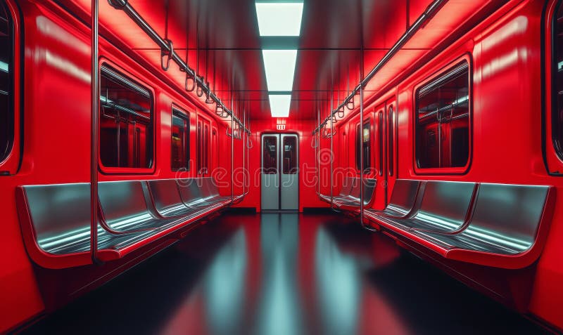 Vibrant Red Interior of an Empty Subway Train at Night with Bright ...