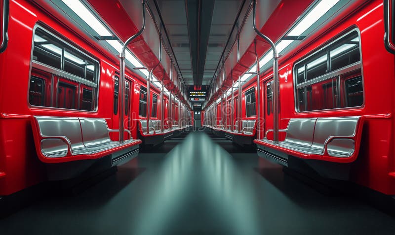 Vibrant Red Interior of an Empty Subway Train at Night with Bright ...