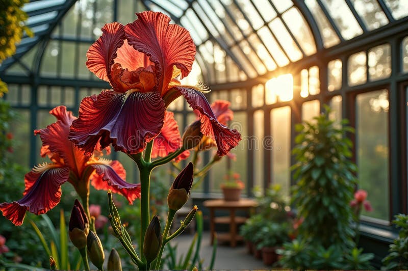 Vibrant Red Iris in Sunlit Glass Conservatory with Lush Greenery Stock ...