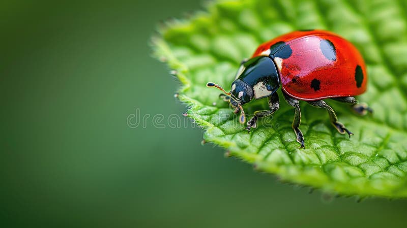Vibrant Red Ladybug Exploring a Lush Green Leaf. Stock Image - Image of ...