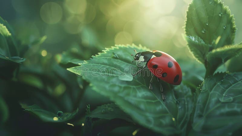 Vibrant Red Ladybug Perched on a Lush Green Leaf, Realistic Image with ...