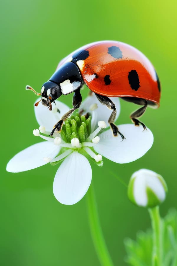 Vibrant Red Ladybug Pollinating a Flower in Springtime, a Vibrant ...