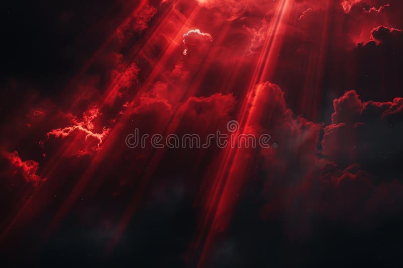 A Vibrant Red Light Shines through Dark, Ominous Clouds at Night ...