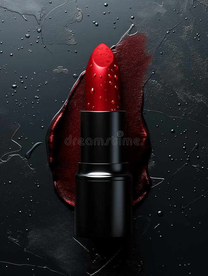 A Vibrant Red Lipstick with a Black Casing, Lying on a Textured Dark ...