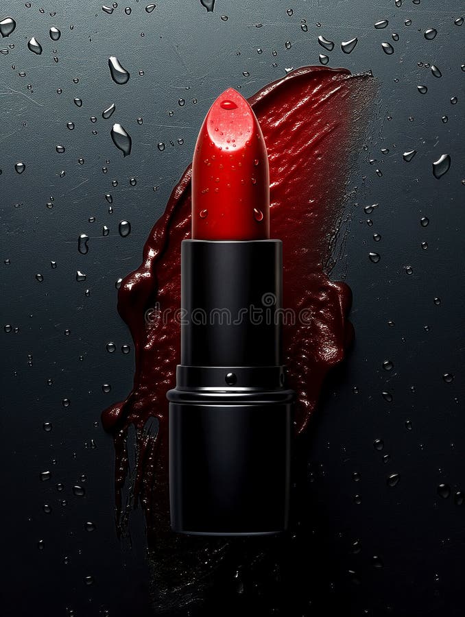 A Vibrant Red Lipstick with a Black Casing, Lying on a Textured Dark ...