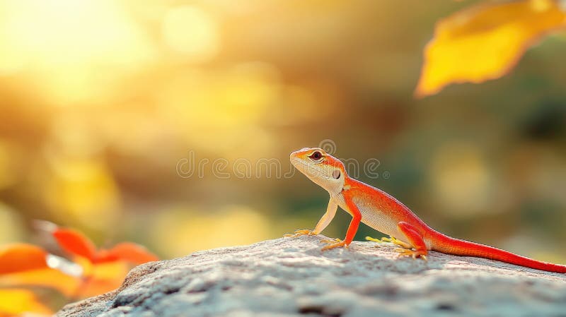 Vibrant Red Lizard on Rock in Sunlit Forest Scene Stock Image - Image ...