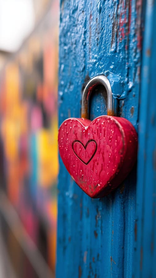 Colorful Love Lock Attached To Blue Gate in Romantic Setting Stock ...