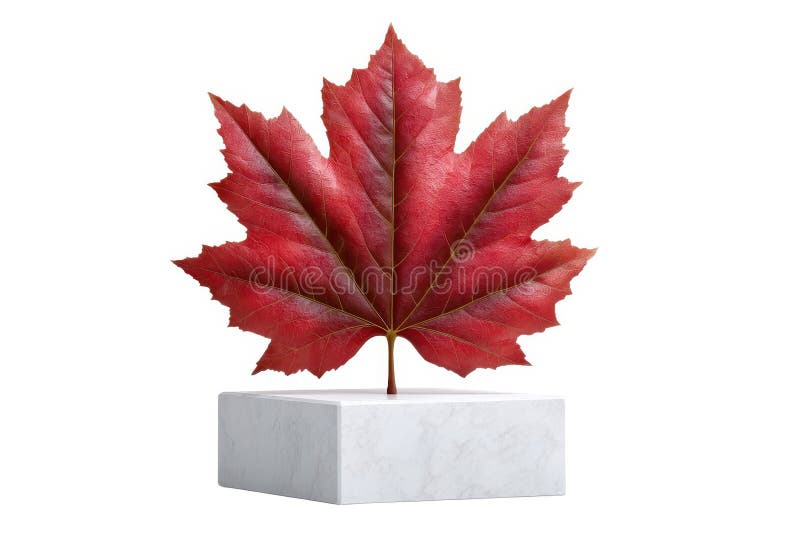 Vibrant Red Maple Leaf Displayed on a Polished White Marble Pedestal ...