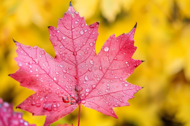 Vibrant Red Maple Leaf with Raindrops on a Blurred Yellow Background ...