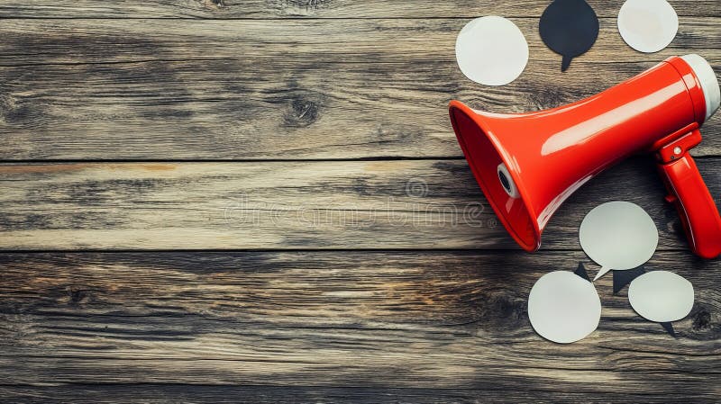 Vibrant Red Megaphone on Wooden Table with Blank Speech Bubbles for ...