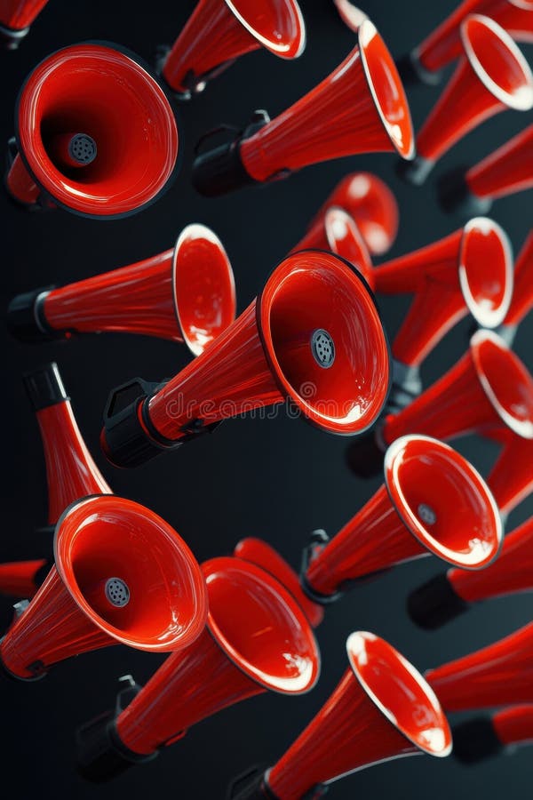 Vibrant Red Megaphones Floating on a Dark Background 3D Render Stock ...