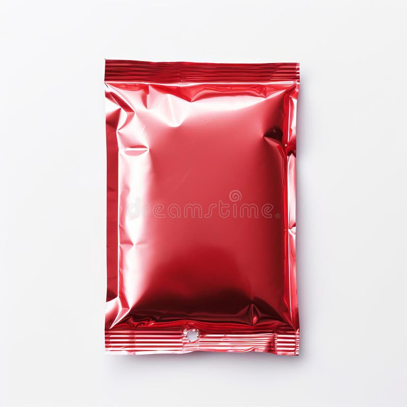 Vibrant Red Metallic Sachet Packaging on White Background Stock ...