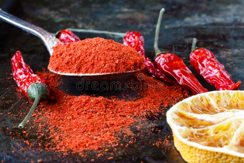 Vibrant Red Mexican Hot Chilli Pepper, Whole and Grounded Stock Image ...
