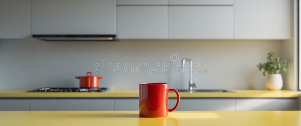 Vibrant Red Mug on Bright Yellow Counter in Modern Kitchen Interior ...