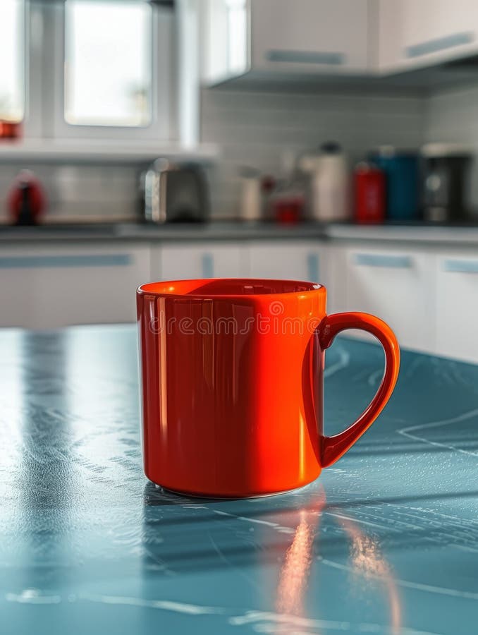 A Vibrant Red Mug on a Modern Kitchen Countertop. Stock Photo - Image ...