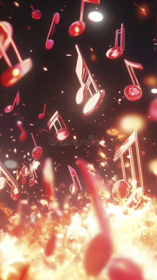 Red Music Notes Floating in Fiery Background Scene Stock Illustration ...