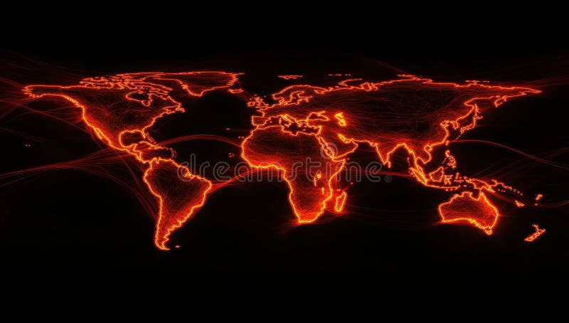 A Vibrant Red Neon Map Outlined in Line Art on a Black Background Stock ...