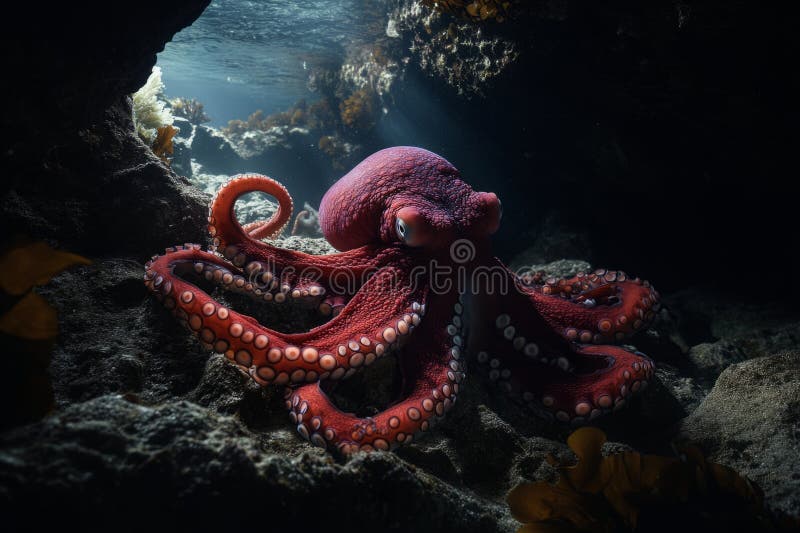 A Vibrant Red Octopus Glides Gracefully through Deep Water. Its ...