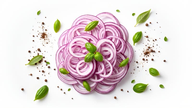 Vibrant Red Onion Rings with Basil Leaves and Black Pepper on White ...
