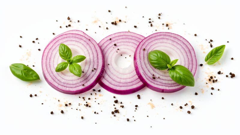 Vibrant Red Onion Rings with Basil Leaves and Black Pepper on White ...