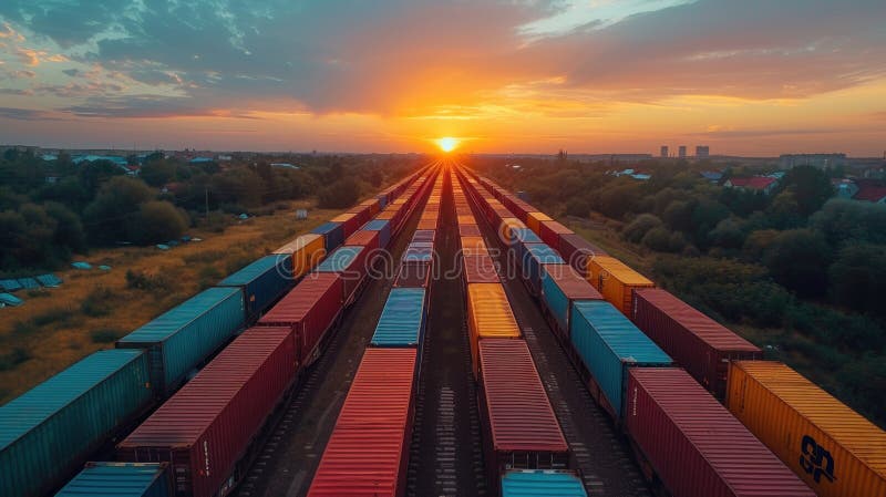 Colorful Freight Trains on Railway Under Blue Sky Stock Photo - Image ...