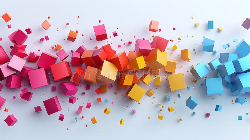 Vibrant Red Orange Blue Cubes Exploding on Light Grey Background Modern ...