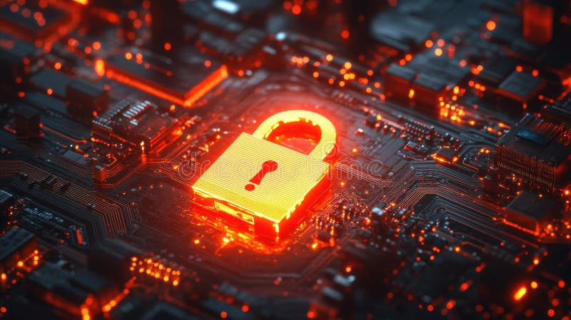A Vibrant Red Padlock Icon Shines on a Dark Circuit Board, Symbolizing ...