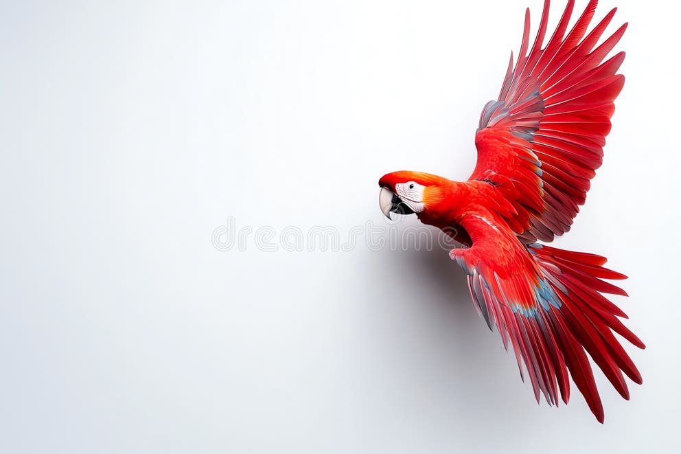 Vibrant Red Parrot in Flight Against a White Isolate Background Stock ...