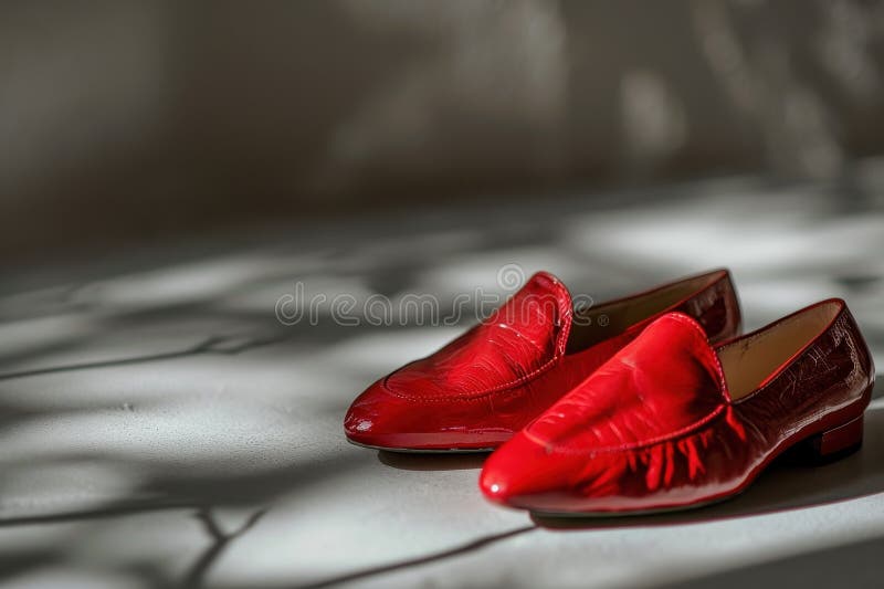 Vibrant Red Patent Leather Loafers on a Dark Background Stock ...