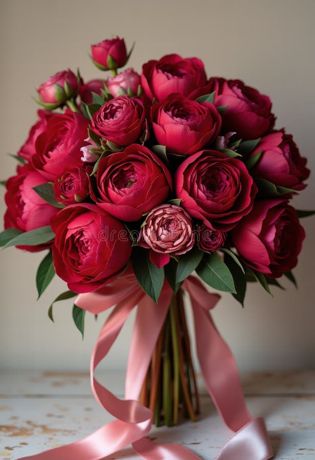 Vibrant Red Peonies Bouquet with Pink Satin Ribbon on Rustic Table ...