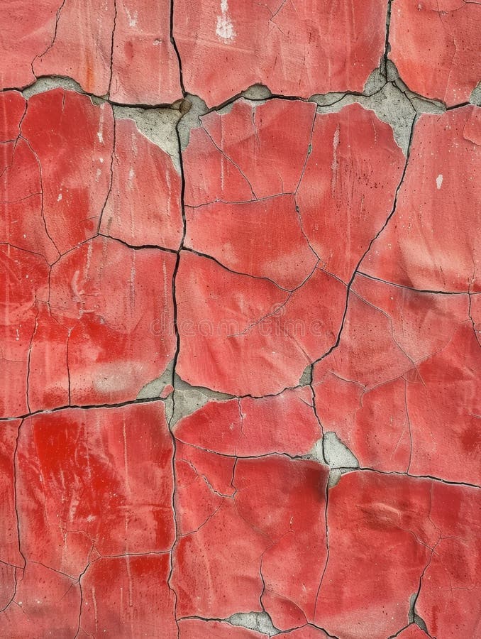 A Vibrant Red Plaster is Marred by Deep Cracks and Erosion, Showcasing ...