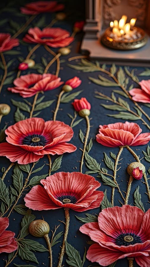 Vibrant Red Poppies in Dim Candlelight Setting Stock Image - Image of ...