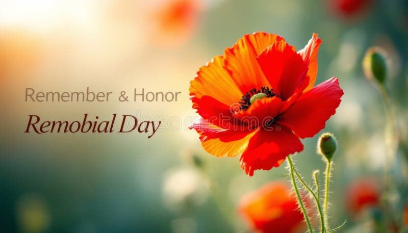 Vibrant Red Poppy Flower with Remember and Honor Text Stock ...