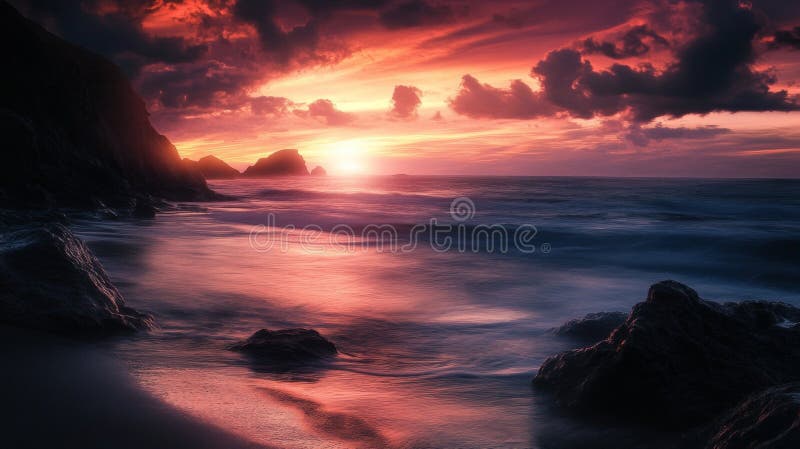 Vibrant Red and Purple Sunset Over Dark Ocean Beach Stock Illustration ...