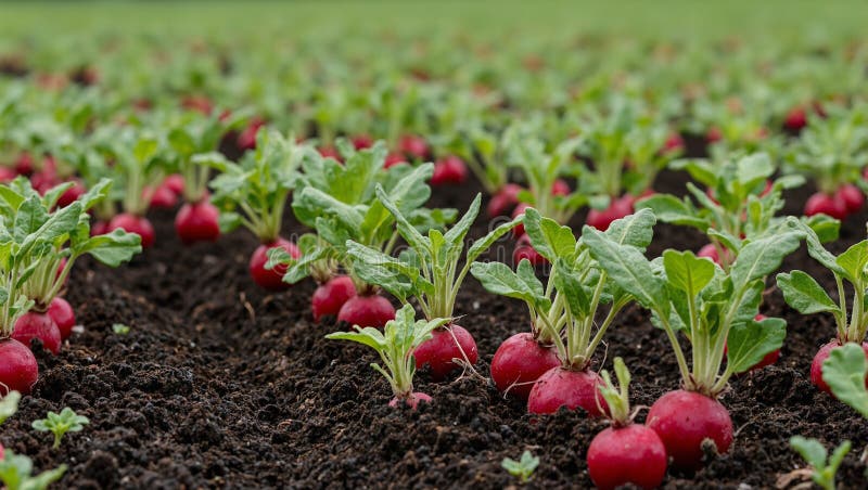 Vibrant Red Radishes Sprouting from Rich Dark Soil Stock Illustration ...
