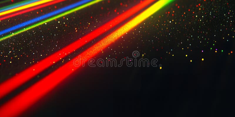Vibrant Red and Rainbow Light Streaks on Dark Glittery Surface Abstract ...