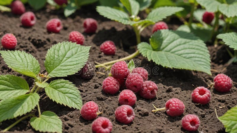 Vibrant Red Raspberry Over Fresh Soil in Lush Raspberry Field Stock ...
