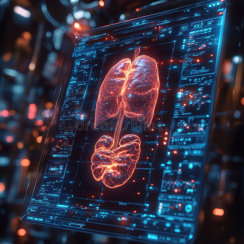 Vibrant Red X-ray of Lungs on Screen, Surrounded by Blue Tech Circuitry ...