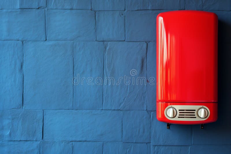 A Bright Red Retro-style Refrigerator Against a Blue Textured Wall ...