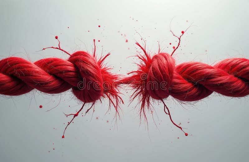 Vibrant Red Rope Shows Frayed, Torn Ends from Pulled Apart. Knots on ...