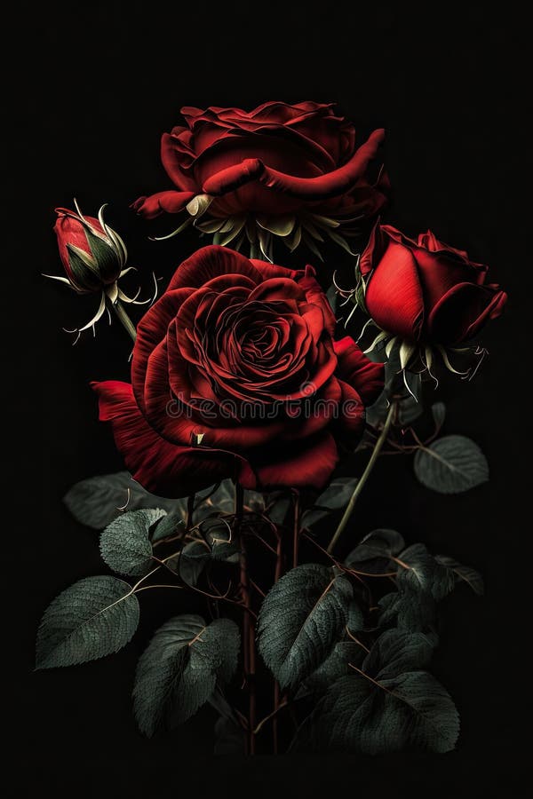 Vibrant Red Rose Bouquet on Black Background for Invitations and ...