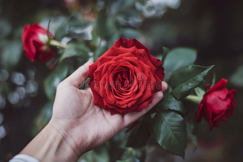 Vibrant Red Rose Held by Hand, Surrounded by Green Leaves, Focused ...