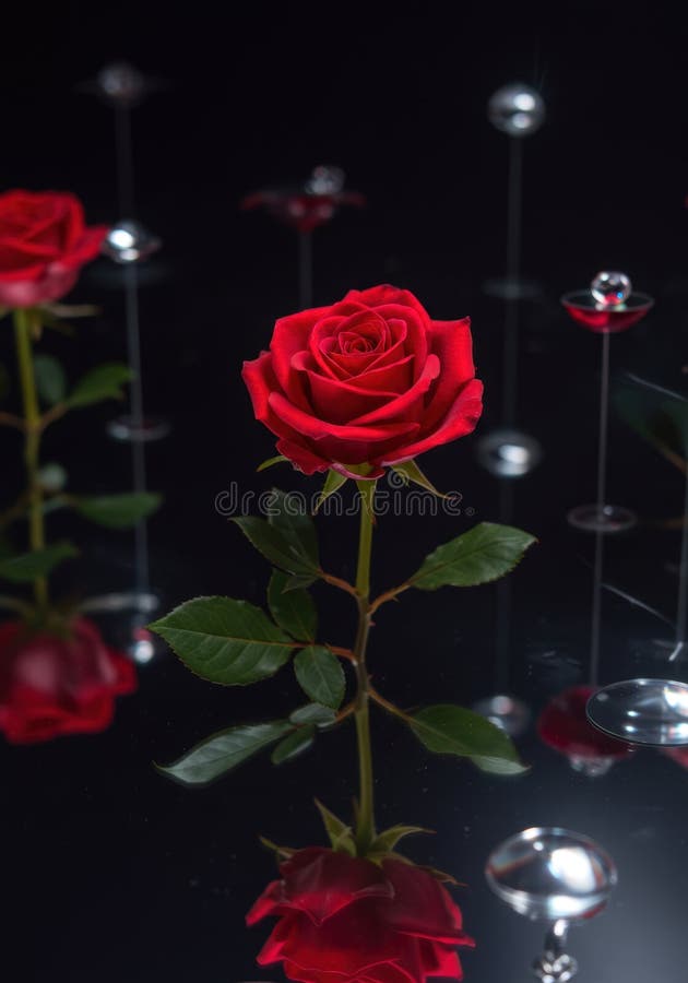 Vibrant Red Rose with Reflections on a Dark Glassy Surface Stock Image ...
