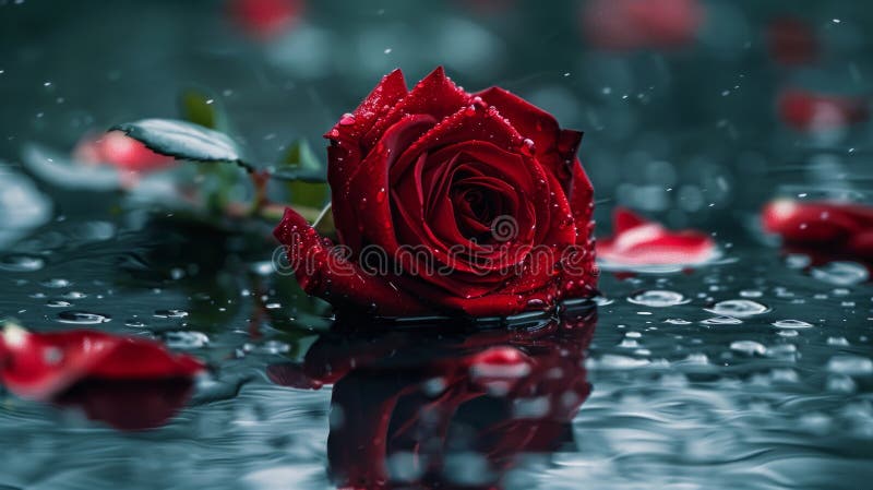 Red Rose in Raindrops on a Reflective Surface during a Rainy Afternoon ...