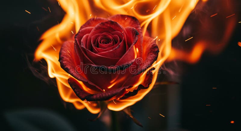 A Vibrant Red Rose is Surrounded by Intense Flames, Creating a Dramatic ...
