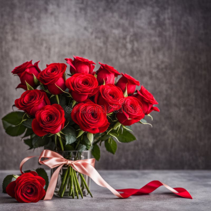 Vibrant Red Roses Bunch Against Blurred Grey Background Stock ...