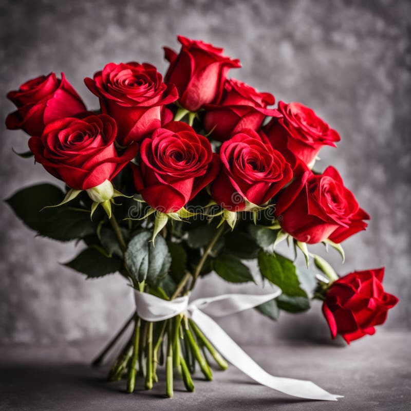 Vibrant Red Roses Bunch Against Blurred Grey Background Stock ...