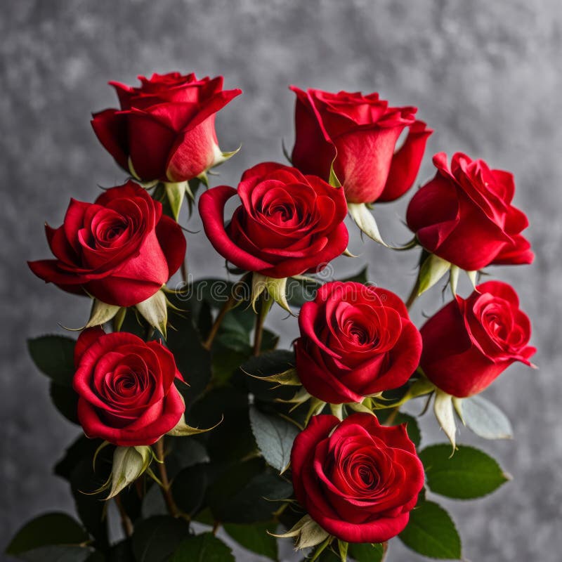 Vibrant Red Roses Bunch Against Blurred Grey Background Stock ...