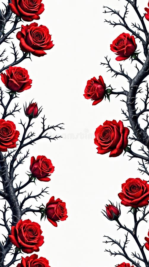 Vibrant Red Roses on Dramatic Black Branches Pattern with White Background Stock Illustration ...